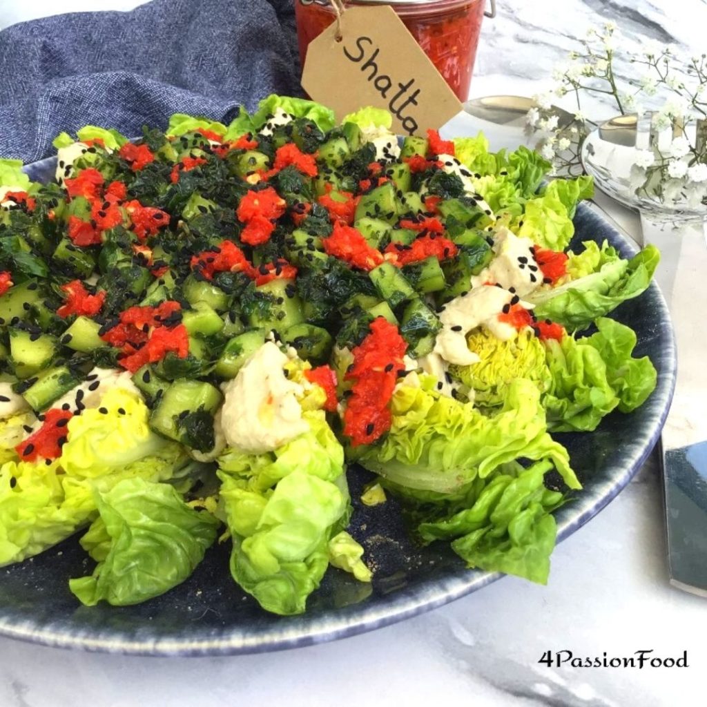 Baby gem lettuce with burnt aubergine yoghurt, smacked cucumber ...